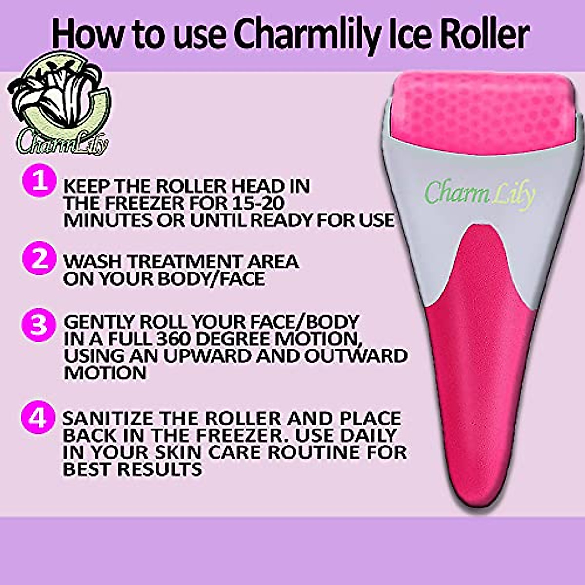 Rose Quartz & Ice Roller + Gua Sha Massager Tool Set for Face & Eyes by Charmlily, Puffiness, Reduce Wrinkle Aging, Migraine, Pain Relief on Neck & Body, Cold Facial Original Natural Stone - 3 in 1
