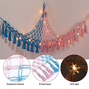 Stuffed Animal Net or Hammock with LED Light Stuff Toy Organizer Hanging Storage Net Handmade Boho Toys Storage Hammock Holder with Wood Beads for Children's Room Kindergarten Nursery (Blue and Pink)