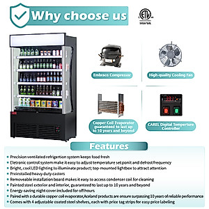 WESTLAKE Commercial Refrigerator Open Air Merchandiser with LED Lighting and Night Curtain 24 Cu.ft 45.7” W 25.6" D Upright Fan Cooling Display Cooler for Stores, Supermarkets, Bar, Shops, etc