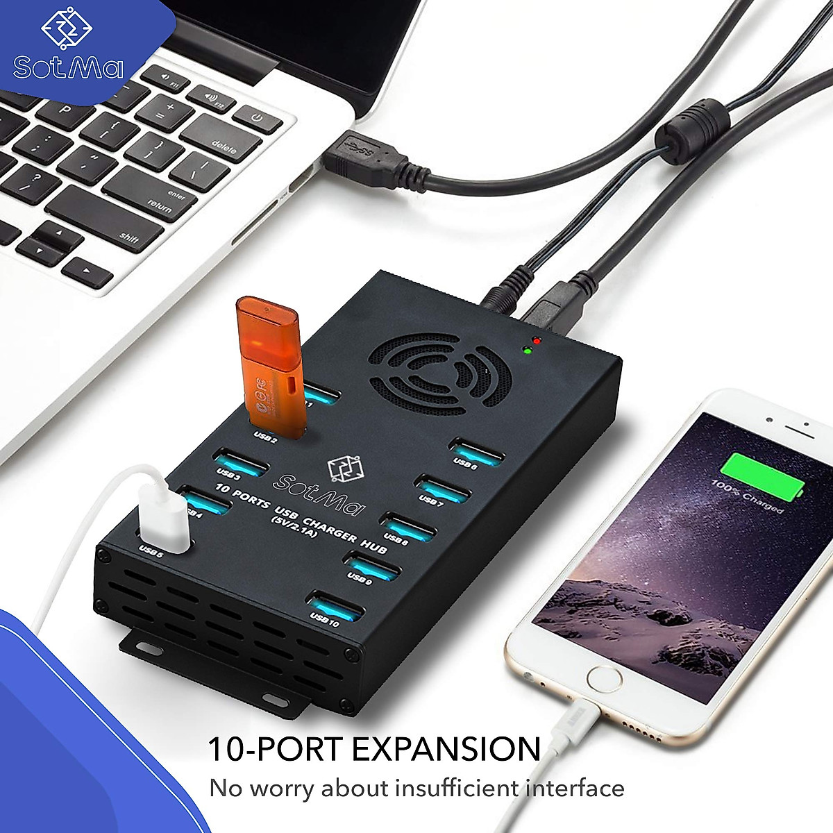 Premium Design USB 3.0 Hub - Multi-Safety Protection 10-Port Powered USB Hub 3.0 with AC Adapter - USB Splitter with Cooling Fan and Mounting Brackets - Aluminum - Hub for Multiple Devices