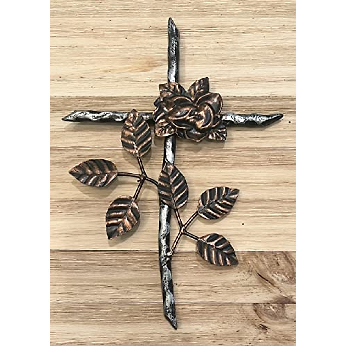 Top Brass Decorative Floral Wall Cross - Welded Wrought Iron - Leaves, Branches and Flowers Religious Metal Art Sculpture - Antique Silver/Copper Finish (Leaves and Rose)