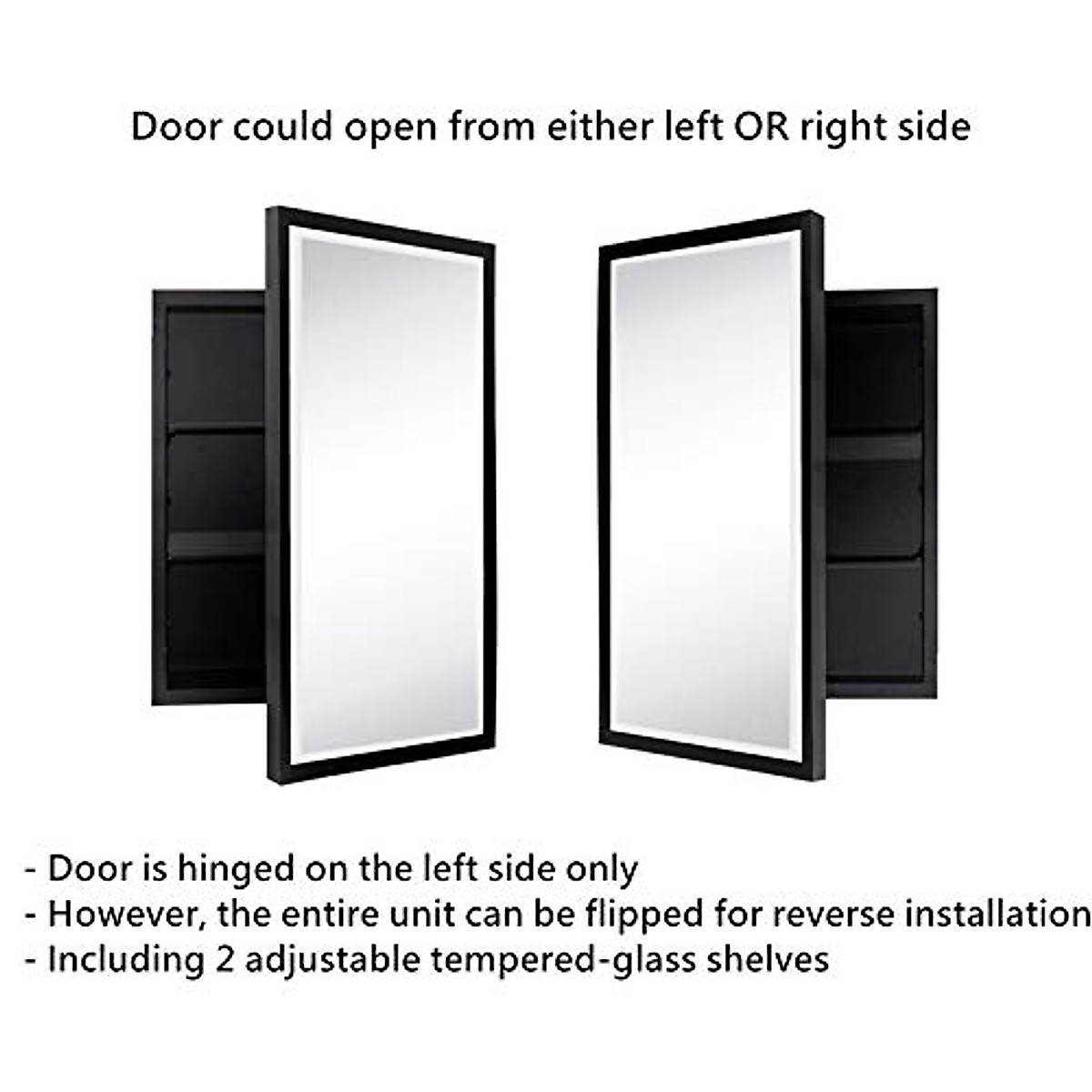 TEHOME Black Metal Framed Recessed Bathroom Medicine Cabinet with Mirror Rectangle Beveled Vanity Mirrors for Wall 16 x 24 inches