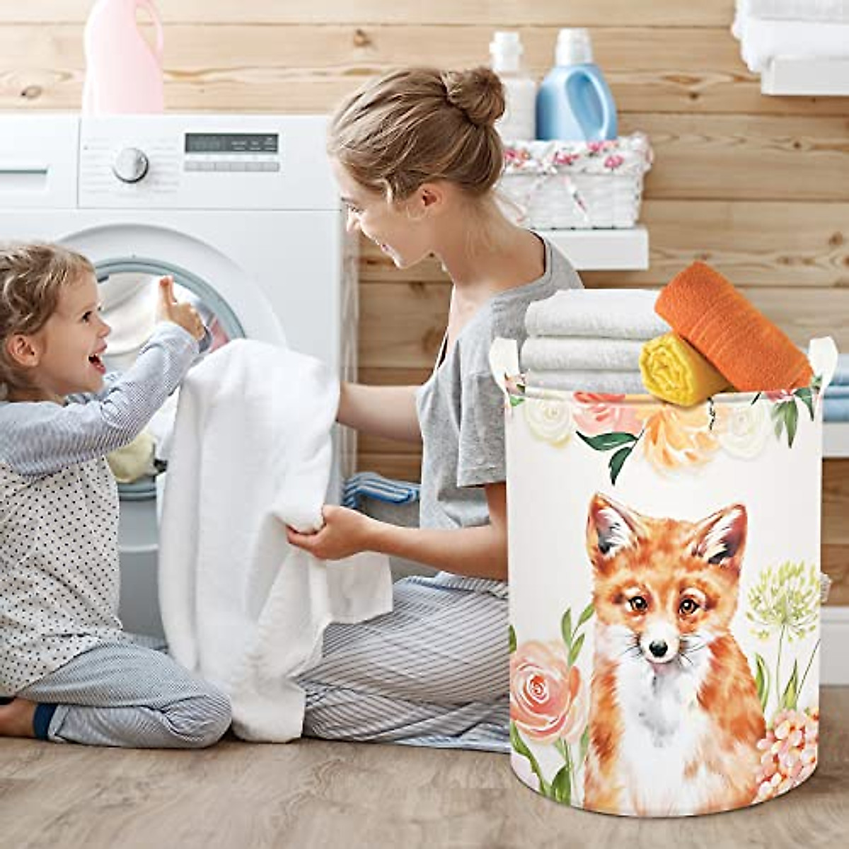 Clastyle 45L Fox Pink Flowers Laundry Basket with Handle Spring Garden Blossom Floral Laundry Hamper with Drawstring Cute Animal Round Toy Clothes Storage Basket for Bedroom, 14.2x17.7 in