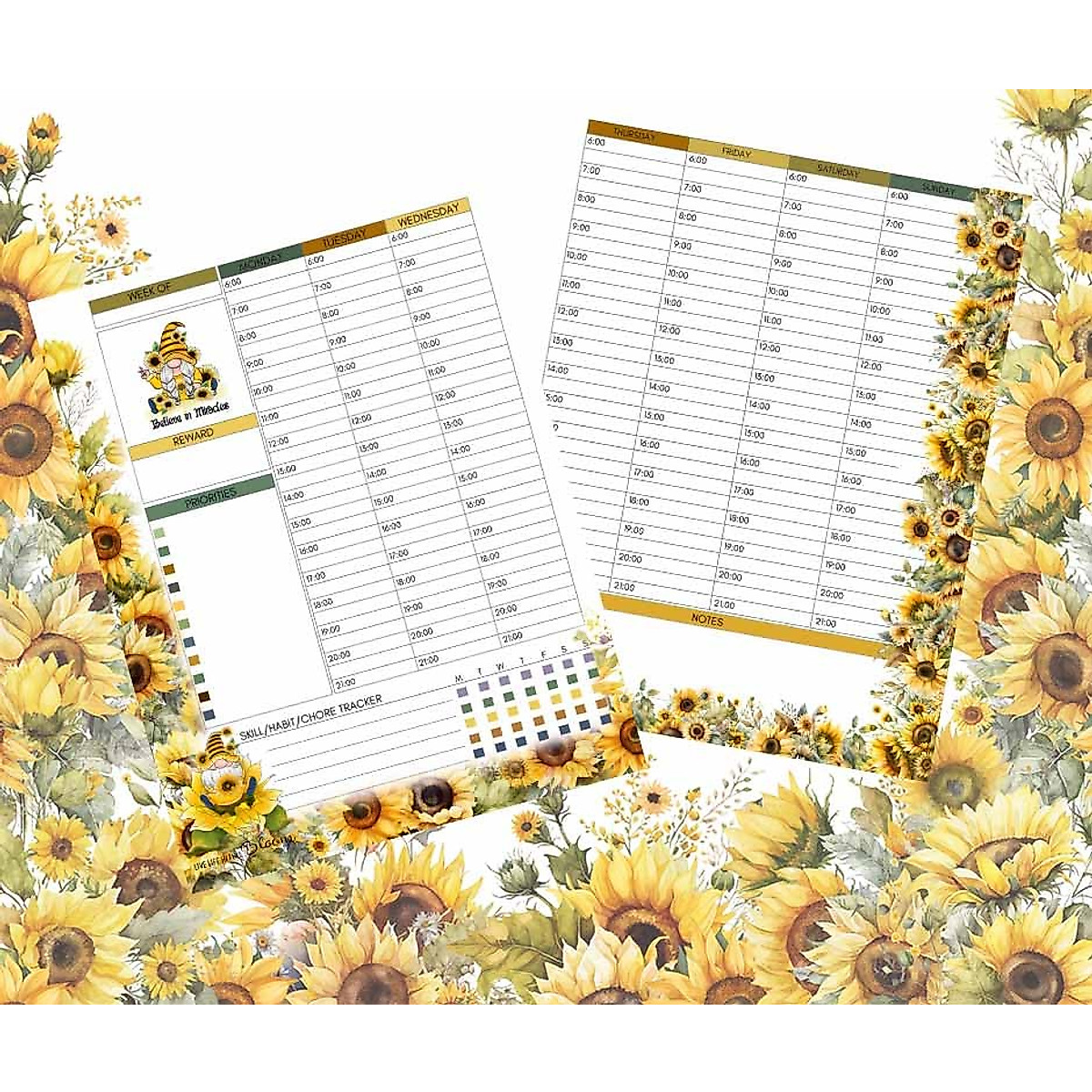 Sunflowers and Sunshine Weekly Planner Organizer, 8.5 x 11 Metal Spiral Bound Ring Binder, 60 pages, Laminated Covers and Rigid Dividers, Undated Allows You To Start Anytime