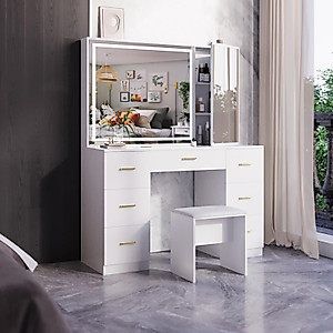 Jartoil Large Lighted Vanity Desk with Stool, 7-Drawers Makeup Vanity with Mirror,Adjustable Brightness, White Bedroom Vanity Set