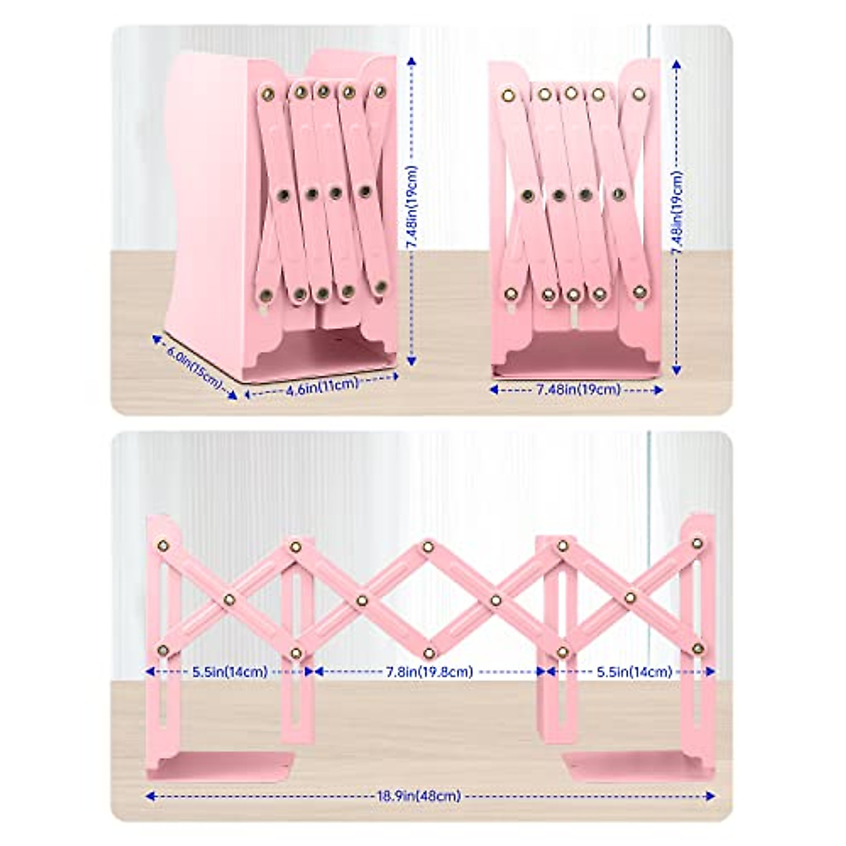 Adjustable Bookends, Metal Book Ends for Shelves Heavy Book, Desk Magazine File Organizer for Home, Office, Books, Papers, Extends up to 19 inches (Pink)