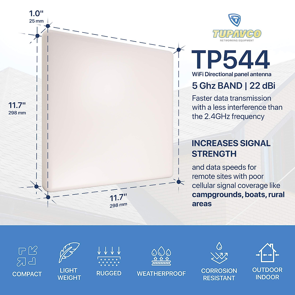Tupavco TP544 WiFi Panel Antenna (5GHz) (22dBi) Outdoor Directional (4900-5850 MHz) Wireless Network Signal (Pole Mast Mount) Weatherproof High-Gain Long Distance Range (N-Female Connector)