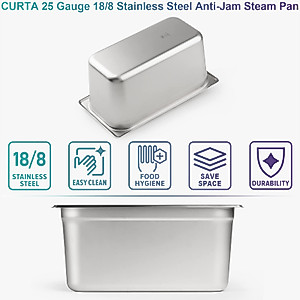 CURTA 6 Pack Anti-Jam Slotted Hotel Pans with Lids, 1/3 Size 2 1/2 Inch Deep, NSF Commercial 18/8 Stainless Steel Chafing Steam Table Food Pan with Covers