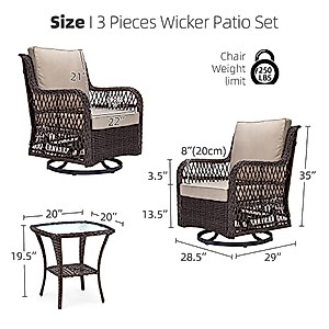 GAOMON 3 Pieces Outdoor Wicker Swivel Rocker Patio Set with Premium Fabric Cushions, 360° Swivel Rocker Patio Chairs Set of 2 and Matching End Table for Backyard, Garden, Yard, Balcony (Beige)