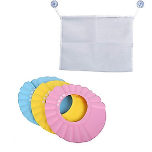 DBHappy 3 Pieces Baby Bath Cap (Pink Blue Yellow), Soft Adjustable Safe Toddler Shampoo Shower Bathing Protection Hat, with a Bathroom Storage Bag(18in x 14in)