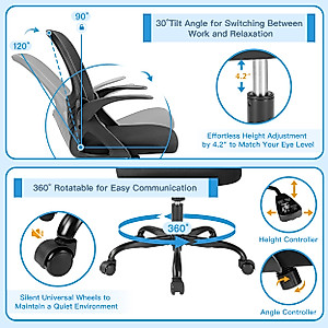 Larksperal Comfy Ergonomic Office Chair - Swivel Mid Back Computer Chair with Lumbar Support, Wheel & Flip-Up Armrests, Adjustable Mesh Desk Chair for Home, Work, Study, 300 lbs Capacity, Black