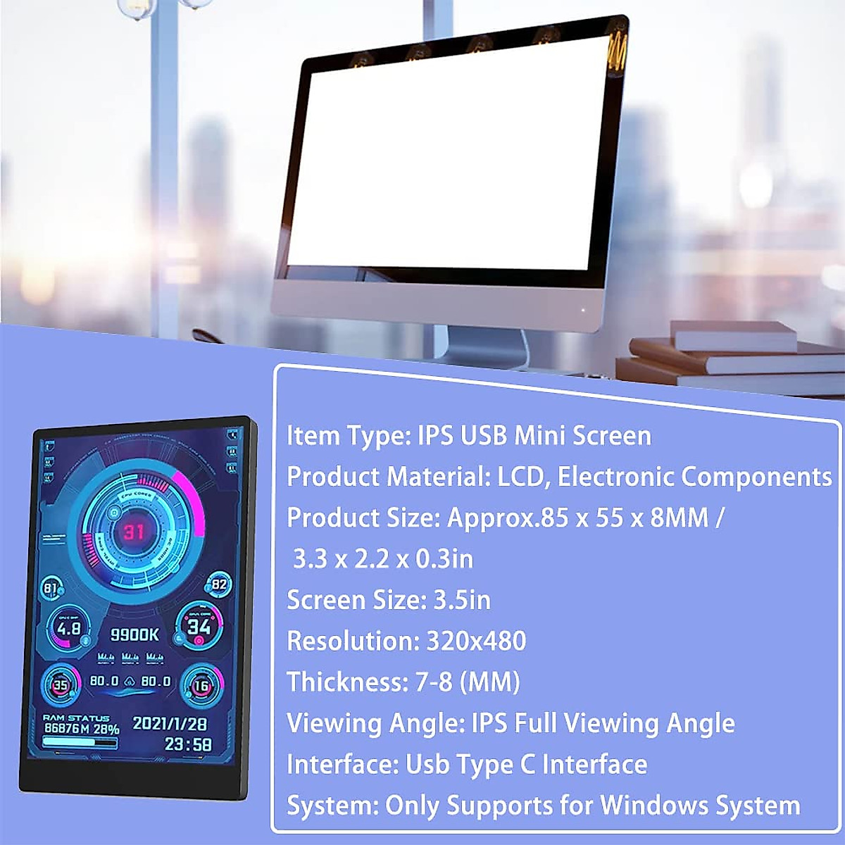 GOWENIC 3.5in Mini IPS Screen, Portable USB C AIDA64 CPU RAM Data Monitor Computer Temperature Display PC Sensor Panel Display, 360° Rotation, Only Support for Windows System