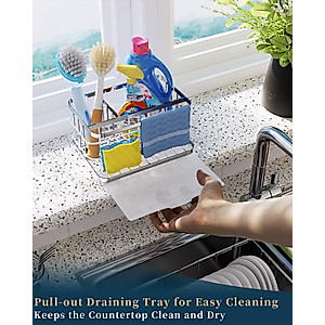 Consumest Kitchen Sink Organizer Sink Caddy with Cloth Holder & Drip Tray, 304 Stainless Steel Sink Sponge Organizer for Kitchen Caddy, Multifunctional Kitchen Sponge Caddy for Dishcloth Brush