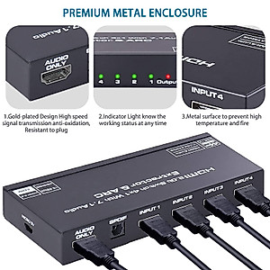 Tendak 4 Port HDMI 2.0 Switch, 4x1 HDMI Switcher Selector with 7.1 Audio Extractor Optical SPDIF + L/R 3.5mm Audio Out Include IR Remote Support ARC 4K@60HZ HDCP 2.2 3D for PS4/ Roku