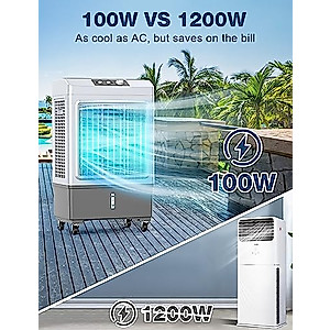 Evaporative Air Cooler, Breezewell 2100 CFM Outdoor Air Conditioner, 8 Gallon Windowless Air Conditioner for Room w/ 3 Speed, 4 Ice Pack, 4 Scroll Casters, Swamp Cooler for Outdoor Indoor Use