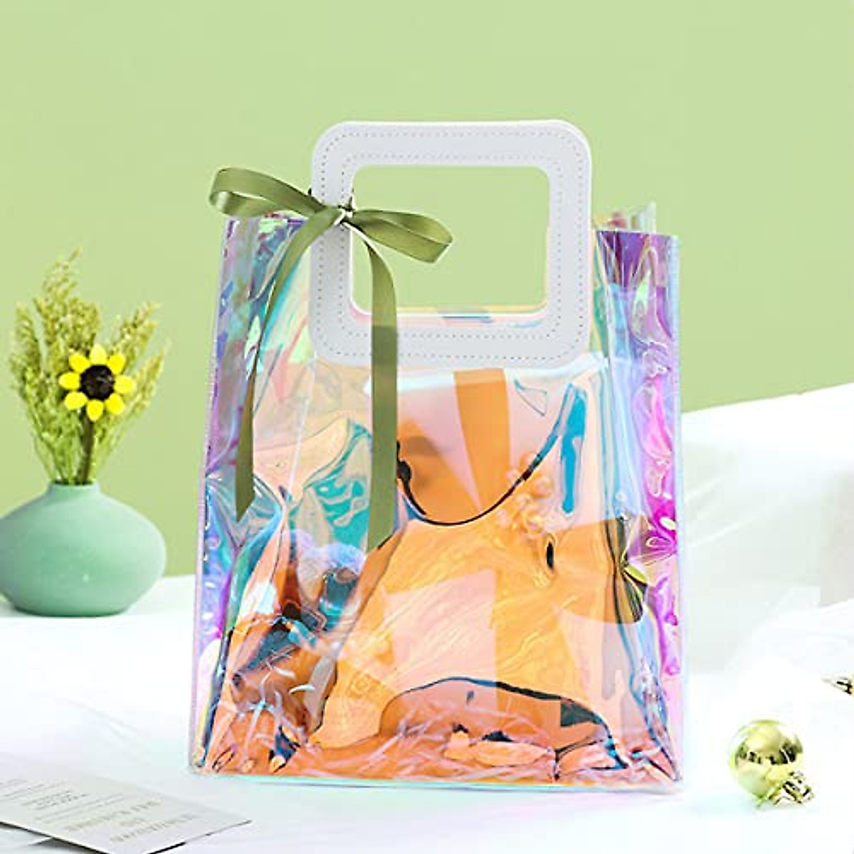 R-LOMU 5pcs Clear Iridescent Reusable Gift Bag 11 x 9.8 x 5.1 Inches Holographic Large Handbag Gift Wrap Bags Pvc with Handle for Party,Birthday,Christmas,Travel, Festival,Wedding, Shopping