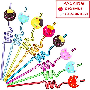 12 Reusable Donut Drinking Plastic Straws for Girls and Boys Birthday Party | Donut Grow Up Theme Party Favors with 1 Cleaning Brush