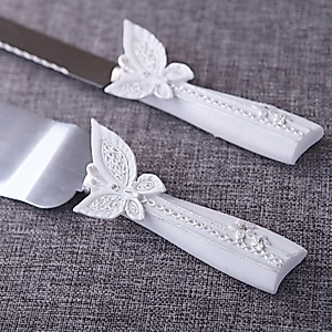 Cake Knife Server Set with Fashion craft Baroque, White Butterfly design, Elegant Stainless Steel Silverware for Personalized Weddings, Valentine's Day Birthdays, Christmas, New Year Party