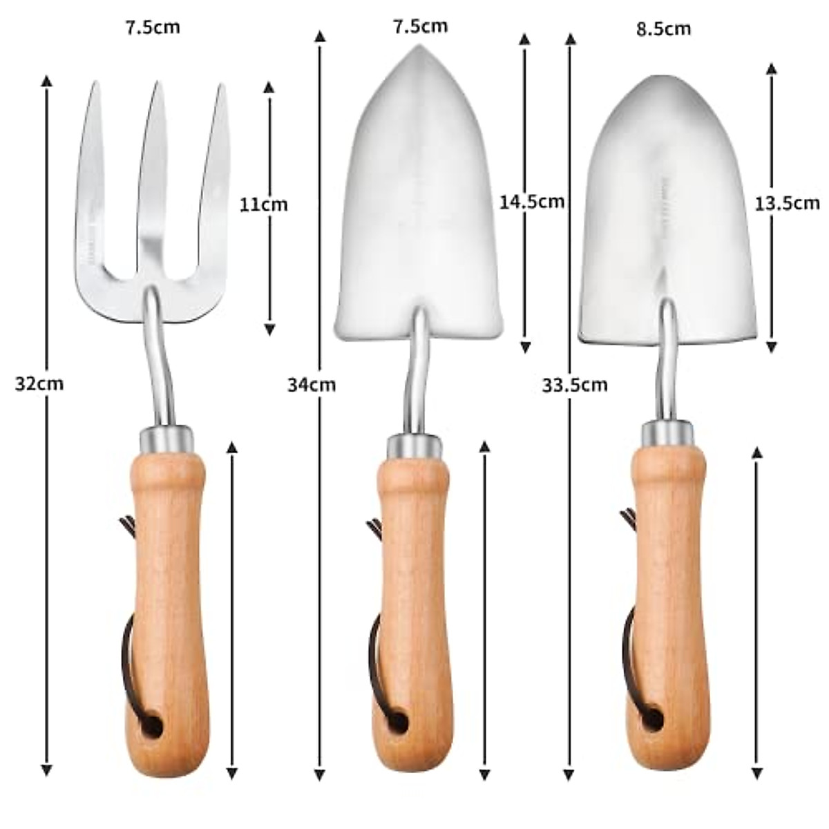 Garden Tools, 3 Pieces Heavy Duty Gardening Tools Set, 20Cr13 Stainless Steel Hand Tools with Wooden Handle, Including Trowel, Transplanter, Hand Fork with Gift Box