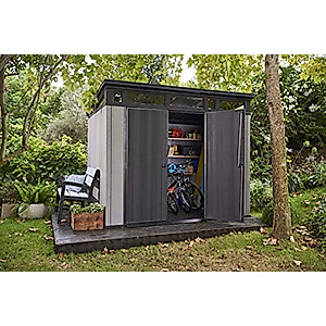 Keter Artisan 9x7 Foot Large Outdoor Shed with Floor with Modern Design for Patio Furniture, Lawn Mower, Tools, and Bike Storage, Grey