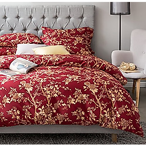 Eastern Floral Chinoiserie Blossom Print Duvet Quilt Cover Navy Blue Tan White Asian Style Botanical Tree Branches Ornamental Drawing 400TC Egyptian Cotton 3pc Bedding Set (King, Garnet)