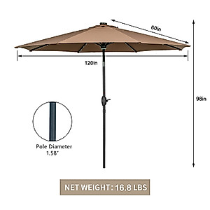 Sunoutife 10FT Patio Umbrella with 40 Solar LED Lights, Large Outdoor Table Umbrella with Tilt Adjustment and Crank for Market Garden Backyard & Pool