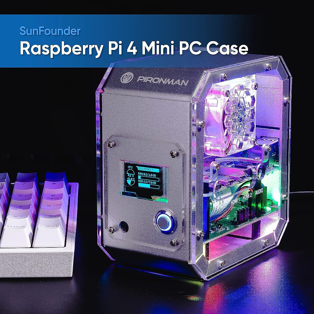 Pironman Mini PC Case for Raspberry Pi - Aluminum Alloy Tower Case with Fan, Tower Cooler, M.2 SATA SSD Expansion Board, 0.96" OLED, IR Receiver and Power Button for Raspberry Pi 4