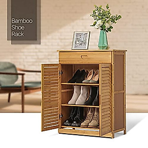 MoNiBloom Bamboo 3 Tier Shoe Storage Cabinet with 1 Drawer & Shutter Door Shoes Organizer Rack for 6-10 Pairs Entryway Hallway Living Room, Natural