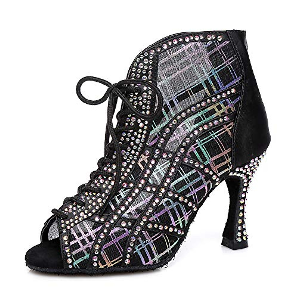 HROYL Women's Ballroom Latin Salsa Dance Shoes Lace-up Open-toe Dance Boots,YCL434-Black-7.5,US8.5