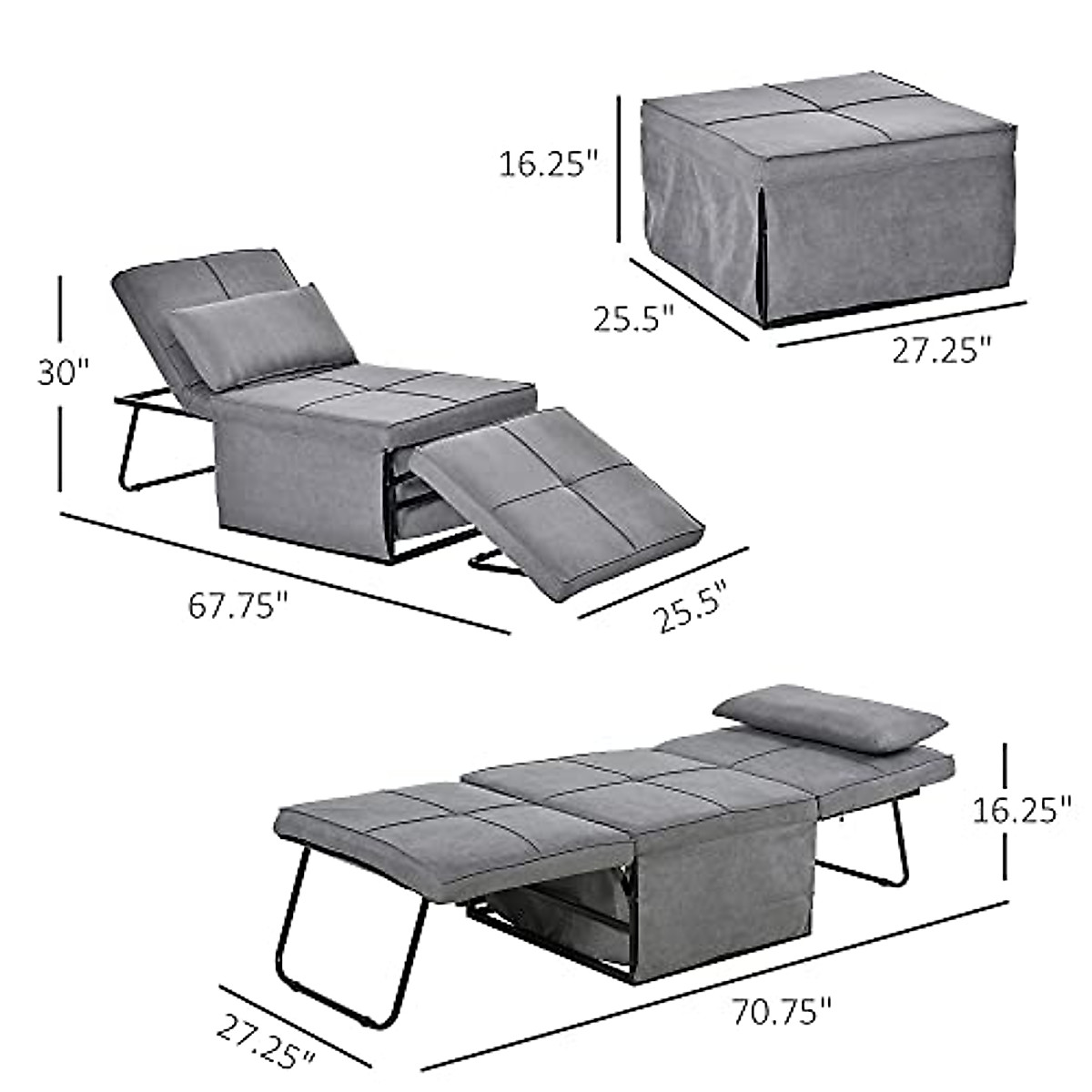 HOMCOM 4-in-1 Multi Function Folding Single Sofa Bed with Retractable Footrest, Convertible Sleeper with Adjustable Backrest for Living Room and Small Spaces, Grey