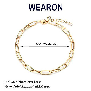 WEARON Bracelet for Women Gold Paperclip Link Chain 14K Gold Plated Simple Dainty Jewelry - S
