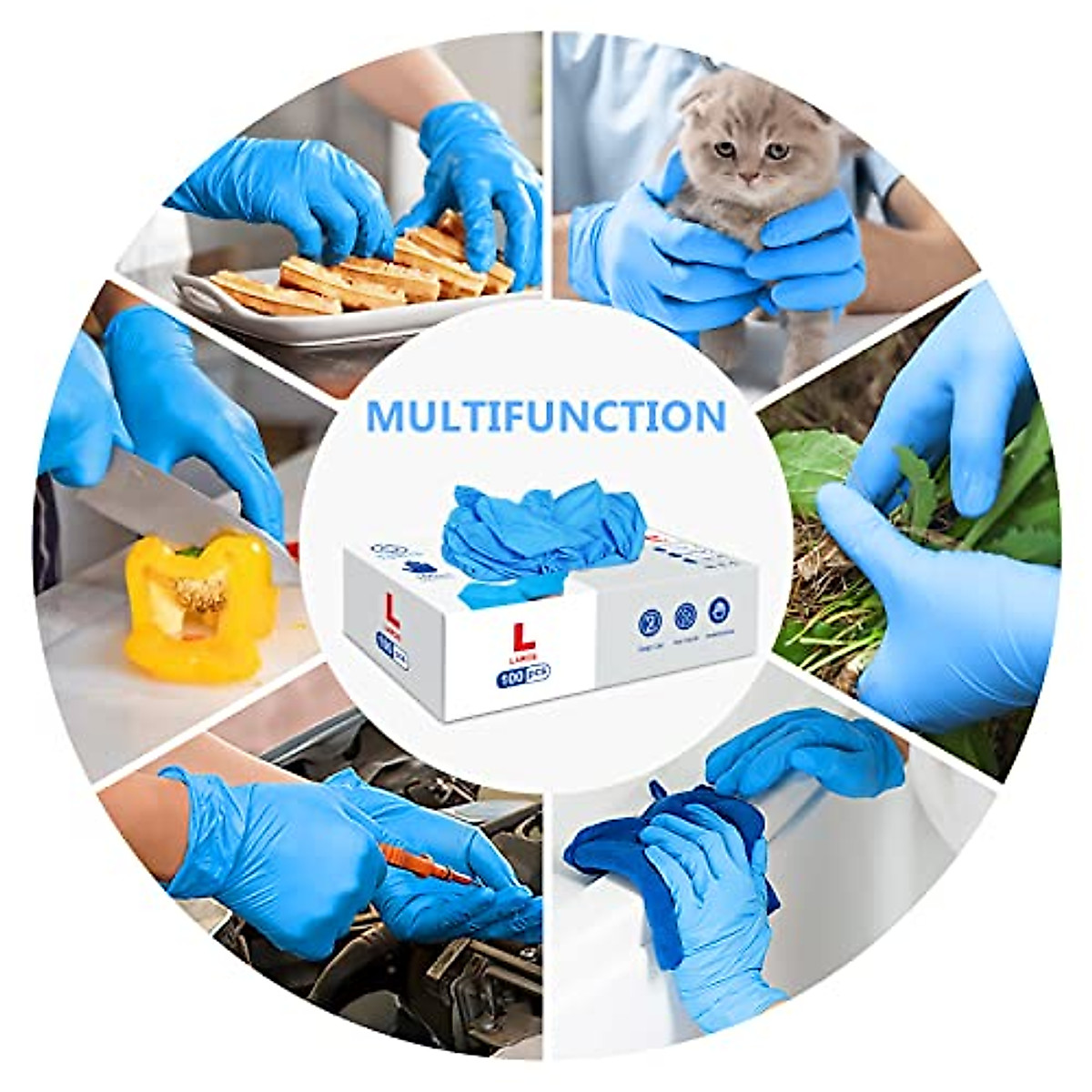 squish Disposable Gloves, 100Pcs Blue Vinyl Blend Exam Gloves Non Sterile, Powder Free, Latex Free - Cleaning Supplies, Kitchen and Food Safe(Pack of 100) (Blue Large)