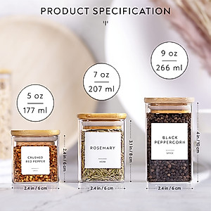 Laramaid 9oz 12Packs Glass Jars Set with Minimalist Spice Labels, Square Spice Jars with Bamboo Lids and White Vinyl Customized Sticker Labels, Food Storage Container Canisters