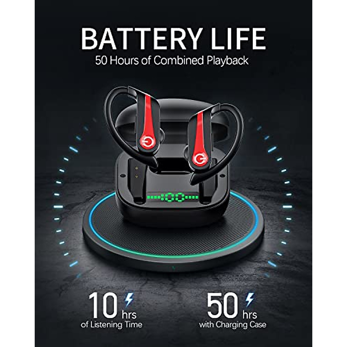 GOSCIEN Ear Buds Wireless Bluetooth Earbuds 50Hrs Playtime Bluetooth 5.1 with Wireless Charging Case IPX7 Waterproof Wireless Bluetooth Earphones with Earhook for Sports