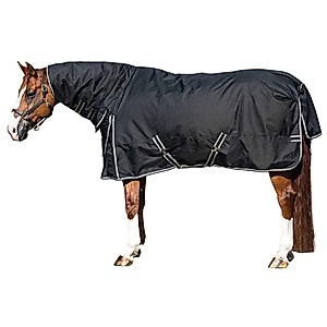 STORM SHIELD Horse Turnout Blanket | Attached Neck Cover | Heavy Weight - 380 Grams | Size 74 - Black | 1200 Denier | Criss-Cross Surcingle | Waterproof, Windproof & Breathable