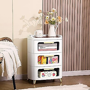 funest Nightstand, 3-Tier Storage End Table, White Bedside with Drawers for Bedroom, Cabinet Stand by Sofa, Plastic Frame/Removable Wood Top Panel/Oval Visual Sideboard