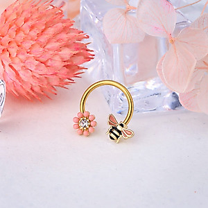 CM Crareesi Mania Cute Bee Septum Rings 16G Septum Piercing Jewelry 316L Stainless Steel Daith Piercing Jewelry Gold Helix Piercing Jewelry Epoxy Flower Cartilage Earrings