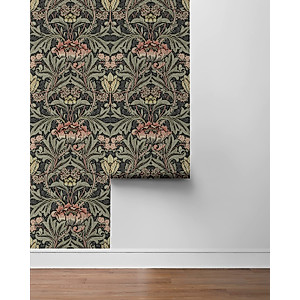 NextWall Acanthus Floral Peel and Stick Wallpaper (Charcoal & Rosewood)
