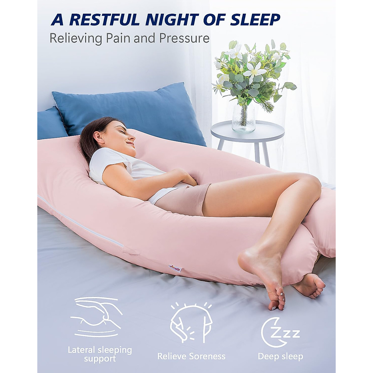 AngQi Pregnancy Pillows, U Shaped Pregnancy Body Pillow for Sleeping, 55 inch Maternity Pillow for Pregnant Women with Cooling Jersey Cover, Pink
