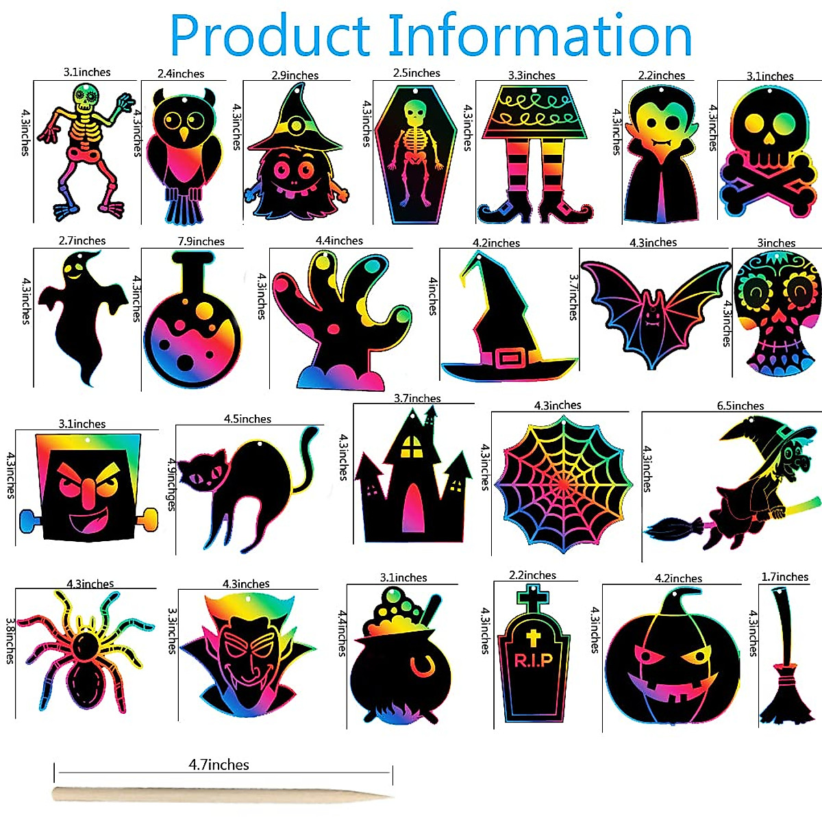 Mocossmy Halloween Magic Scratch Cards,24PCS Skeleton Spider Witch Pumpkin Rainbow Scratch Paper Scratch Art Crafts & Scratch Sticks & Ribbons Set for Kids St Patrick's Day Party Favor Supplies Games