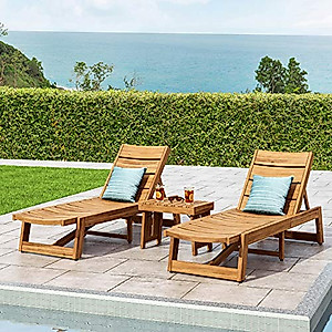 Christopher Knight Home Geraldine Outdoor Acacia Wood 3 Piece Chaise Lounge Set, Teak and Yellow