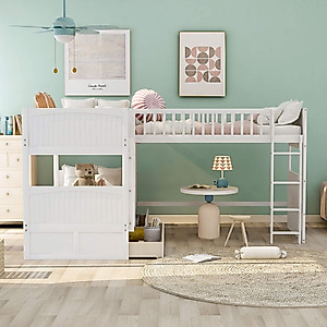 GLORHOME Twin-Over-Twin Triple Bed Wooden L-Shaped Bunk Bed with Ladders and 2 Storage Drawers, Space Saving Bedroom Furniture for Kids Teens