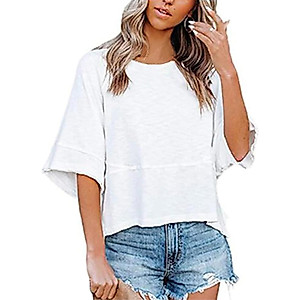 Aisongyuan Womens Fashion T-Shirt Crewneck 3/4 Sleeves Solid Color Loose Basic Tops Summer Casual Tees Blouses(White,XXL)