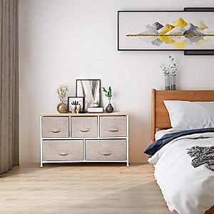 East Loft Extra Wide Dressers for Bedroom Cheap Closet Dresser for Nursery - Storage Dresser with 5 Fabric Drawers - Easy Assembly Small Dresser for Closet Kids Clothes Organizer (Beige)