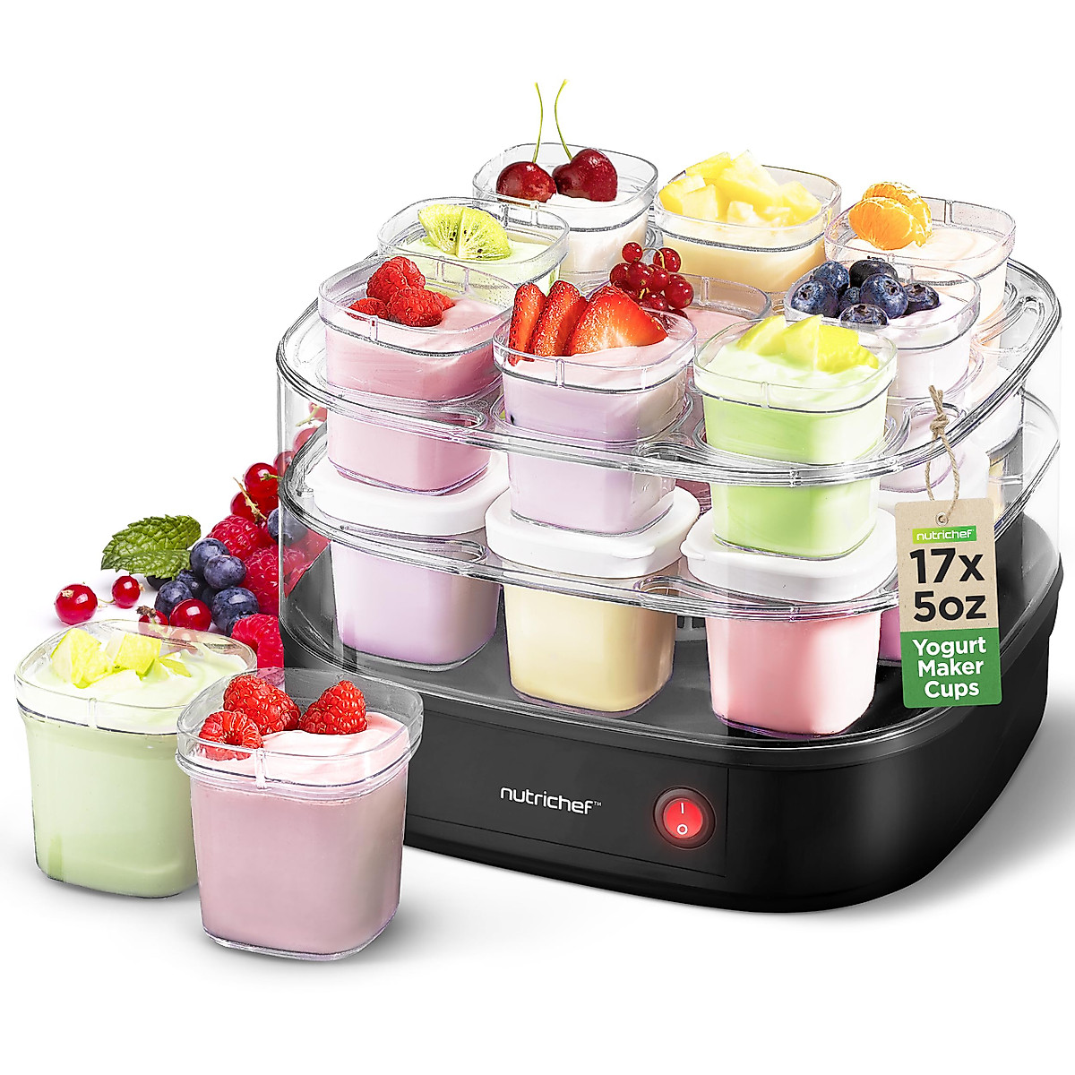 Nutrichef 17 Cup Automatic Yogurt Maker | Includes 17 - 5 oz Reusable Cups with Lids & Yogurt Rack for Instant Storage | Makes Up to 85 OZ of Yogurt | Greek Yogurt Maker | Space Saving design | Black