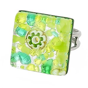 GlassOfVenice Murano Glass Venetian Reflections Square Adjustable Ring - Green Silver