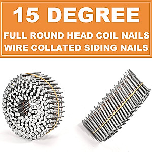 BHTOP 3600 Count Siding Nails, 15-Degree 1-3/4 Inch *.092 Wire Collated Coil Ring Shank Nails, Full Round Head Hot-Dipped Galvanized Siding Nailer Attachment Replacement Parts