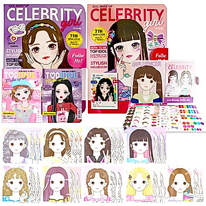 Premium K-Idol Makeup Fashion Sticker Book, Makeup & Hair Design Portfolio Beginner Learning Girls Sketch Book, Coloring Book Crayons Age 6-12, Arts and Crafts Kids Paper Dolls Fashion Design kit