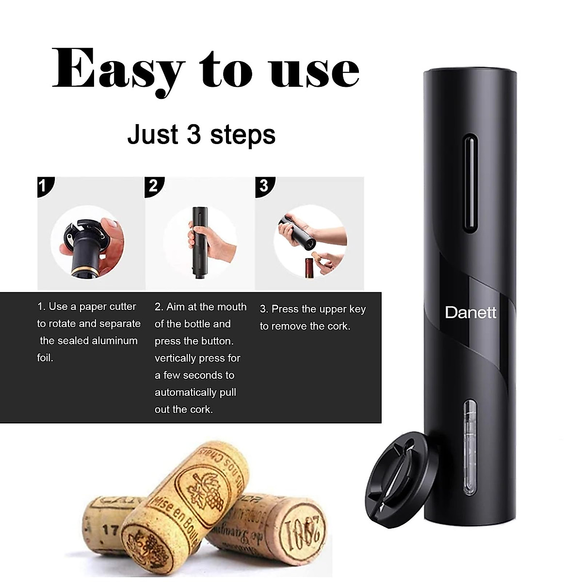 Danett Electric Wine Opener Set - Automatic Corkscrew Opener with Foil Cutter, Pourer, and Vacuum Stoppers - Battery Operated - 4-in-1 Wine Accessories Kit-for Wine Lovers