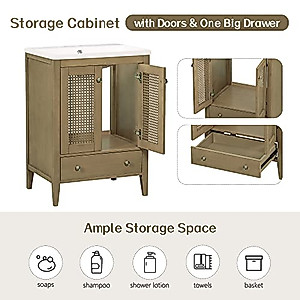 PEIHONGET 24" Bathroom Vanity with Ceramic Basin, Rattan Bathroom Storage Cabinet with Two Doors and Drawer, Freestanding Bath Vanity Cabinet Soft Closing, Solid Wood Frame (Natural)